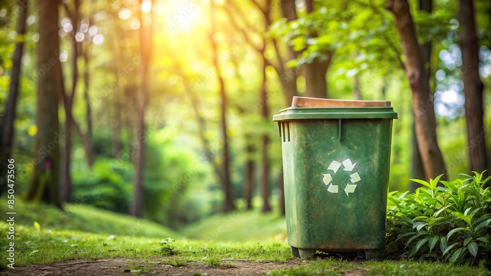 Weathered recycling bin with symbol in lush background for eco ...