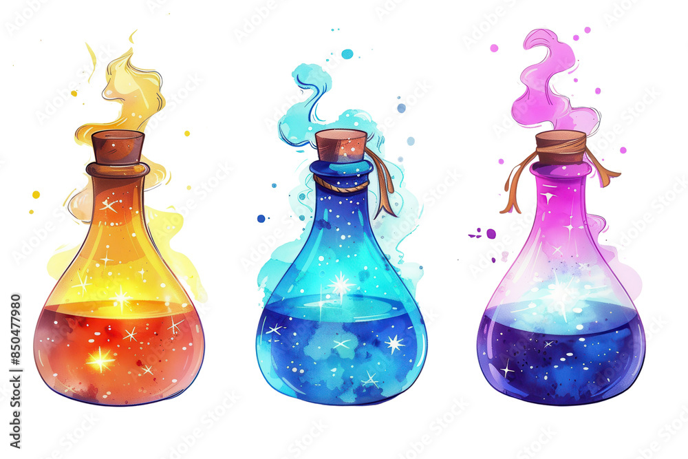 Colorful magic potion bottles with glowing liquid and mystical smoke ...