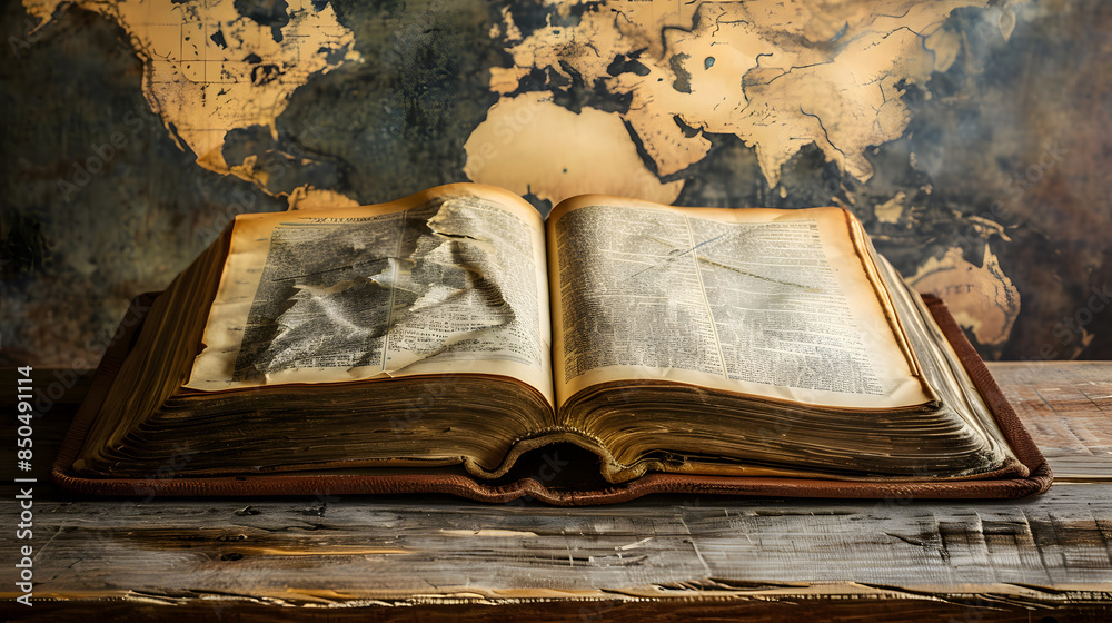 Discovering Ancient Secrets Historic Book with Map on Wooden Desk with ...