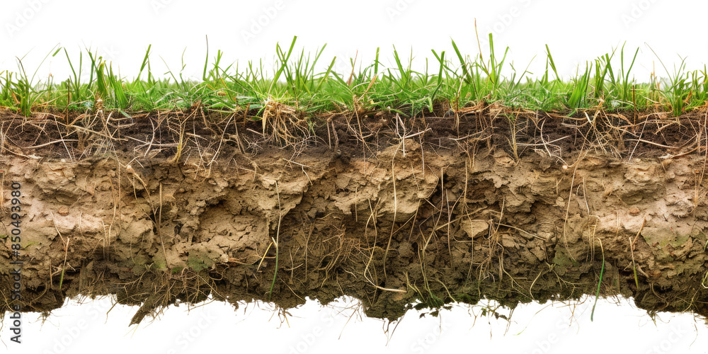 Cross-section of green grass turf with visible soil and roots beneath ...