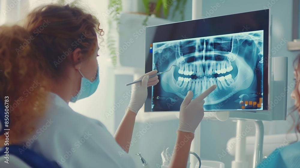 dentist gives information to her patient by showing dental xray showing ...
