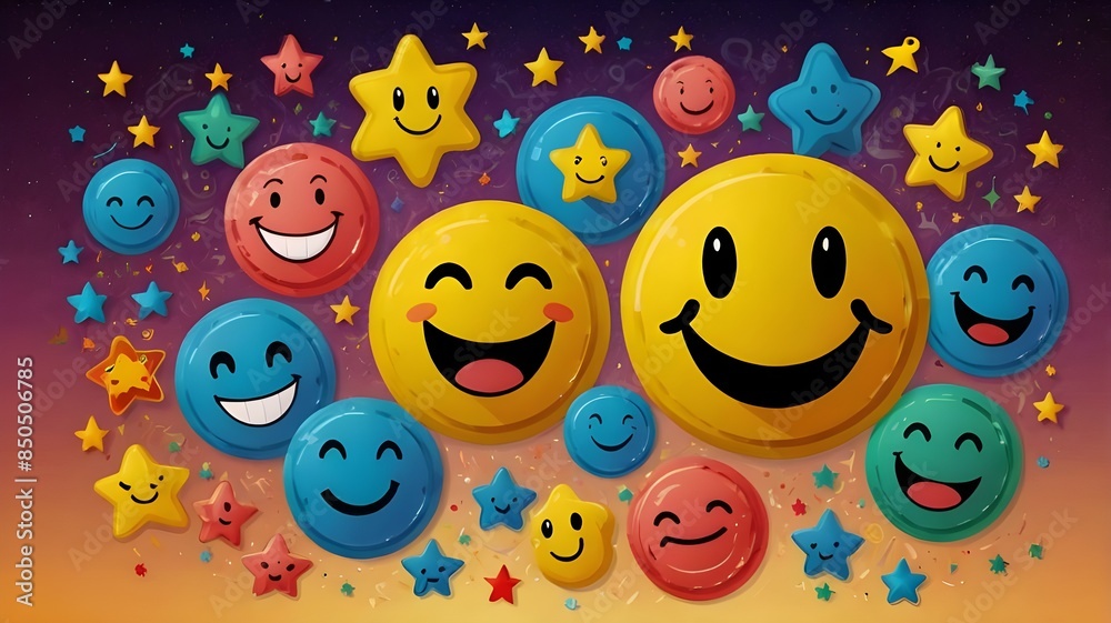 Smiley face surrounded by positive symbols, thumbs-up gestures, stars ...