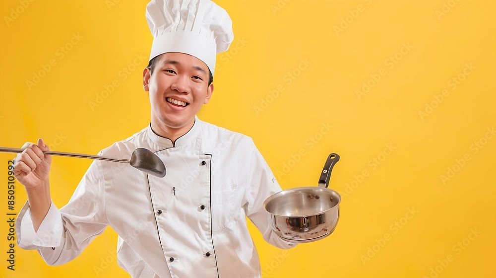 Young handsome asian man chef in uniform with hat holding ladle ...