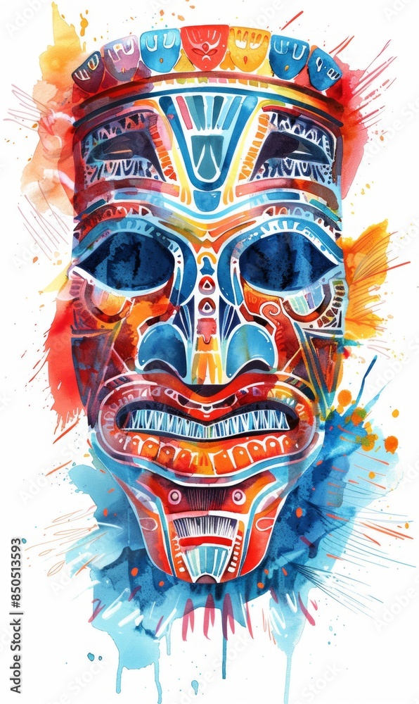 Watercolor illustration of a Tongan mask in flat design style, isolated ...