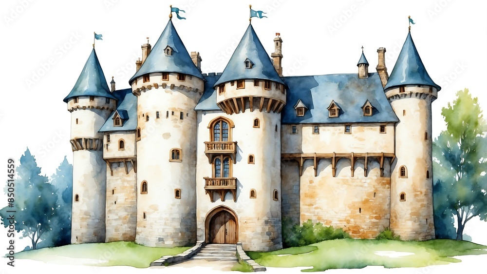 medieval castle watercolor painting front facade exterior on plain ...