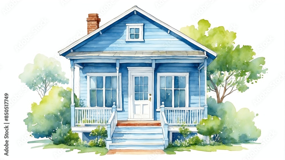 small cute blue house watercolor painting front facade exterior on ...