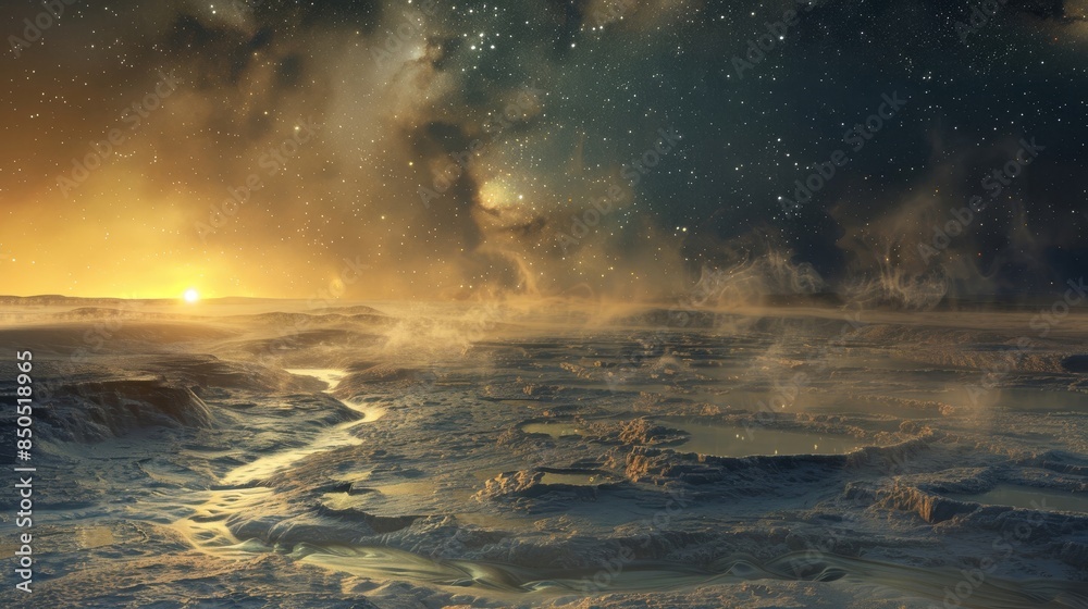 Liquid mercury pools and misty veils under a star-lit sky surreal scene ...