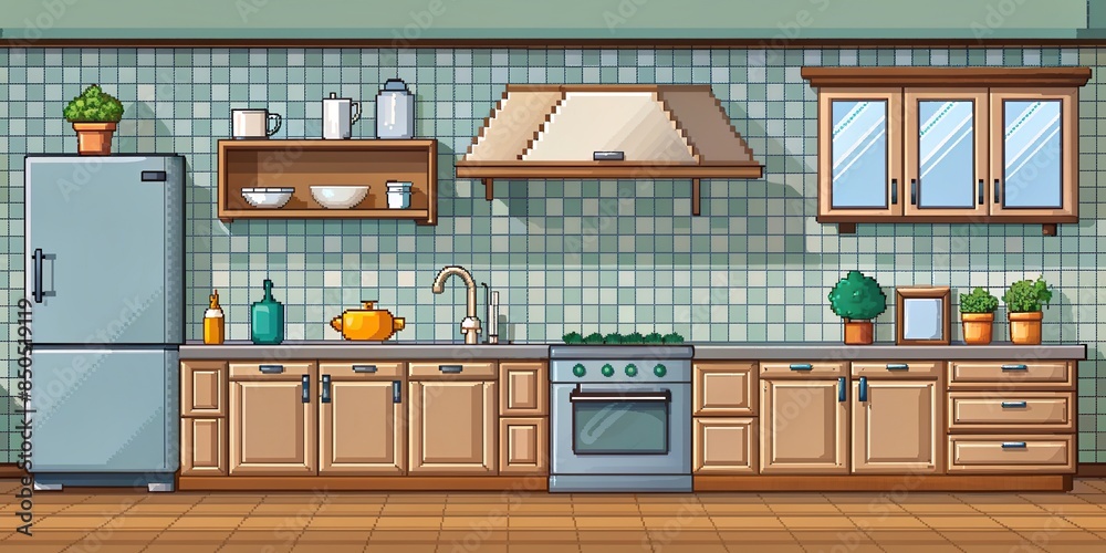 Pixel art style kitchen background with aesthetic elements , retro, 8 ...