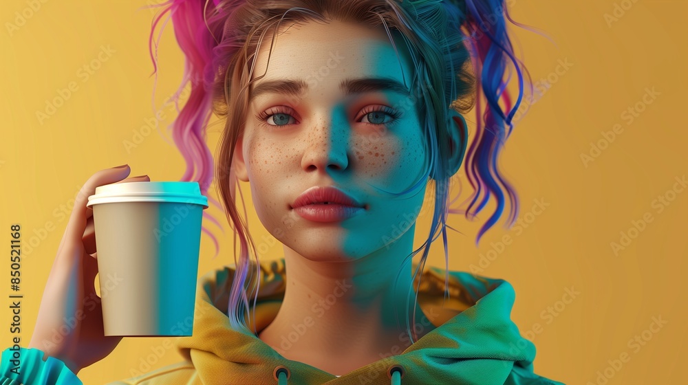 A Gen-Z style virtual influencer, depicted from the torso up, holding a ...