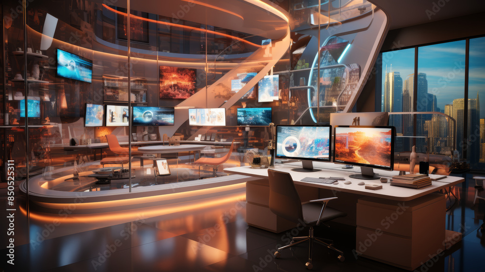 An advanced workspace powered by AI, featuring holographic displays and ...