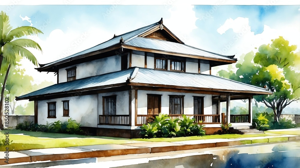 traditional house in philippines watercolor painting front facade ...