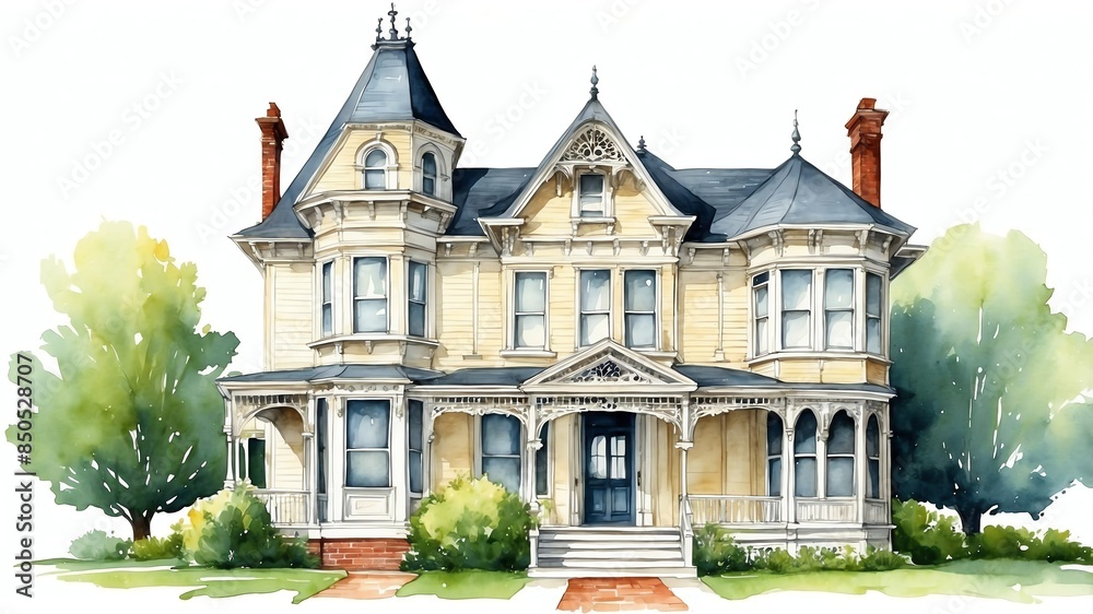 victorian house watercolor painting front facade exterior on plain ...