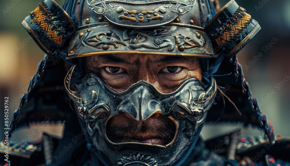 Portrait of a fierce samurai warrior in traditional armor, demonstrating strength, honor, and ...