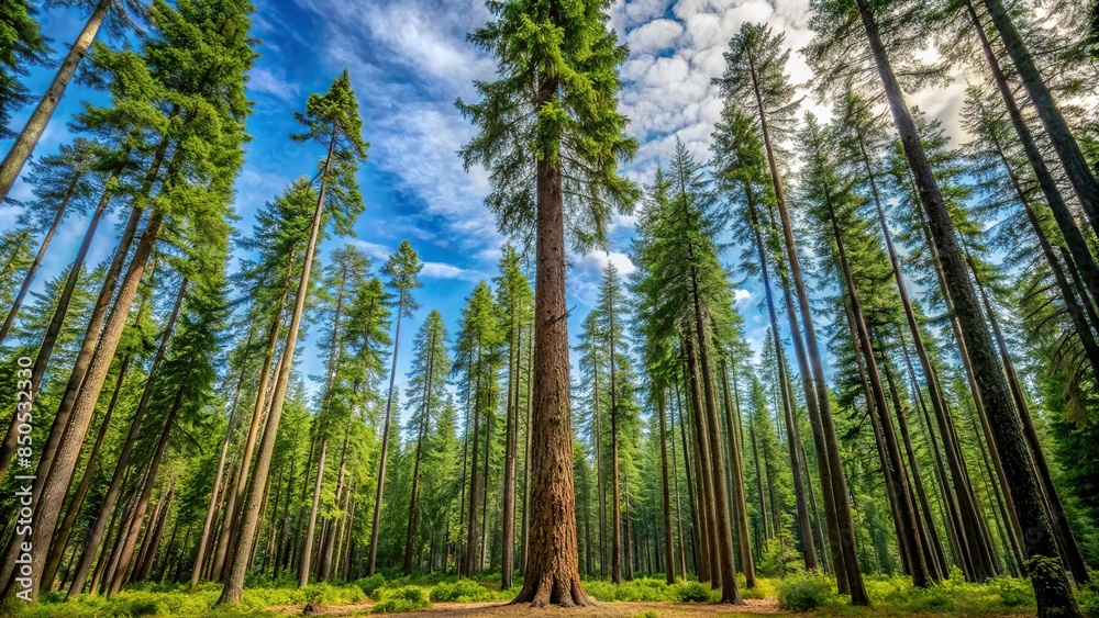 Tall and straight Douglas fir tree in a North American forest, Douglas ...
