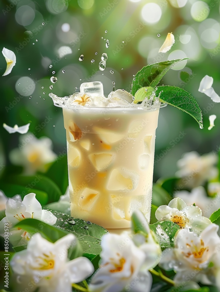 Summer food advertising poster, a drink, milk tea, ice cubes, light ...