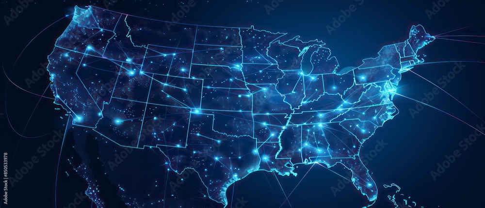 A modern US map showcasing glowing blue lines that intricately connect ...