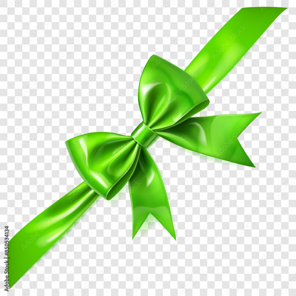 Beautiful large green shiny bow with diagonal ribbon and soft shadow on ...