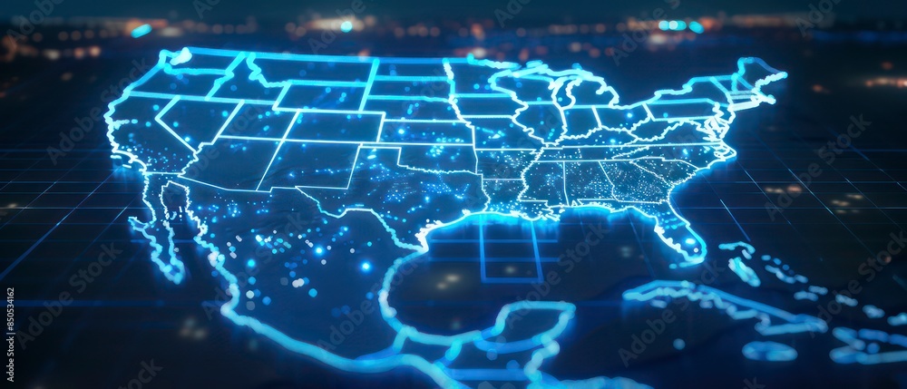 A modern US map showcasing glowing blue lines that intricately connect ...