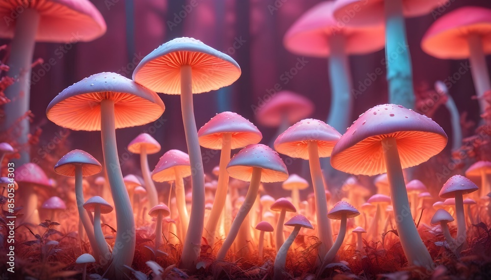 Surreal magical forest of glowing mushrooms fungus toadstools ...