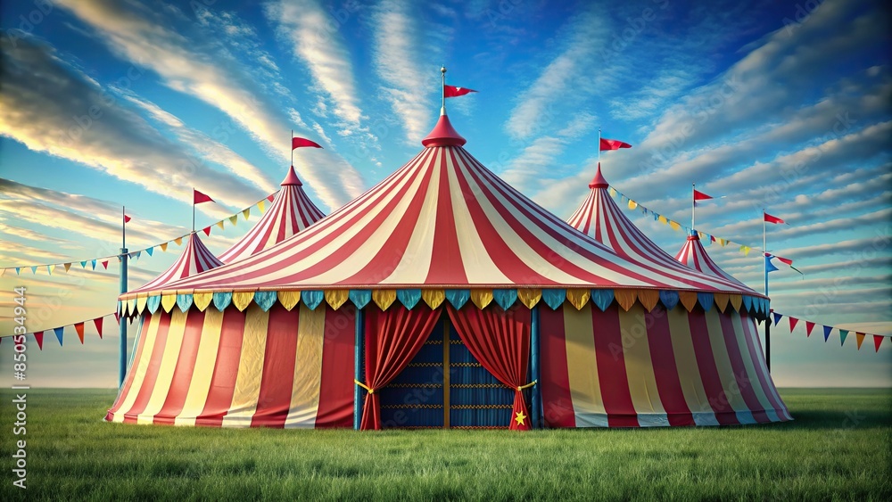 Front view of a colorful circus tent with stripes and flags , circus ...