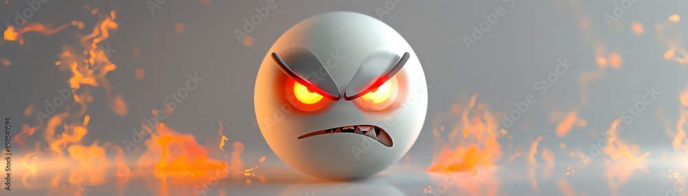 3D rendering of an angry white ball with glowing red eyes and a red ...