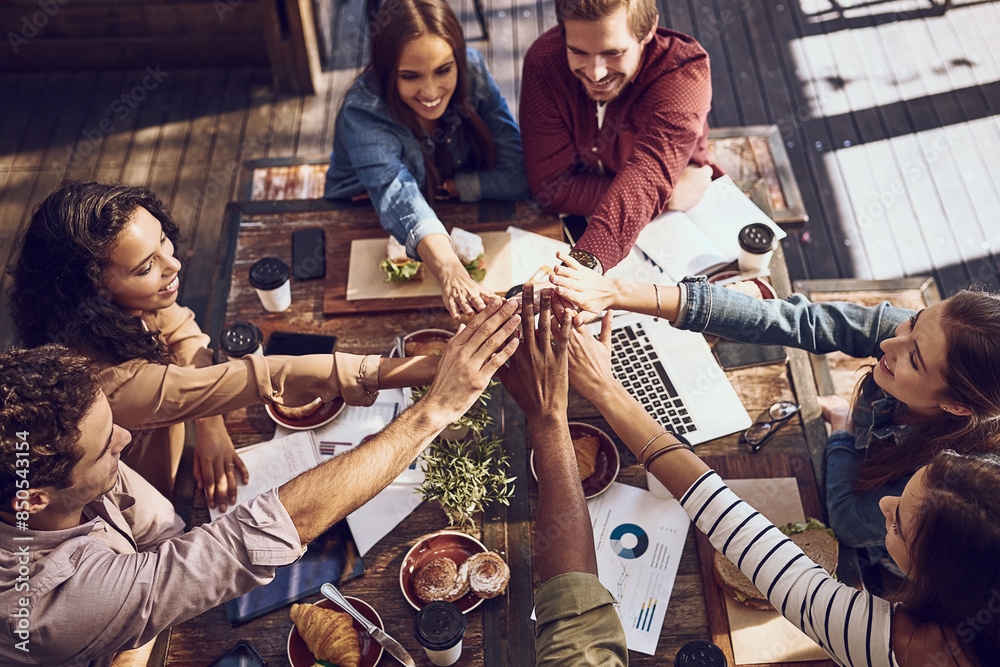 Business meeting, team building and people at cafe lunch planning ...