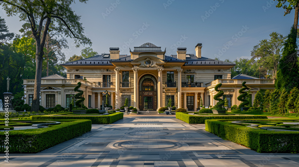 An elegant exterior design of a luxury mansion nestled in lush greenery ...