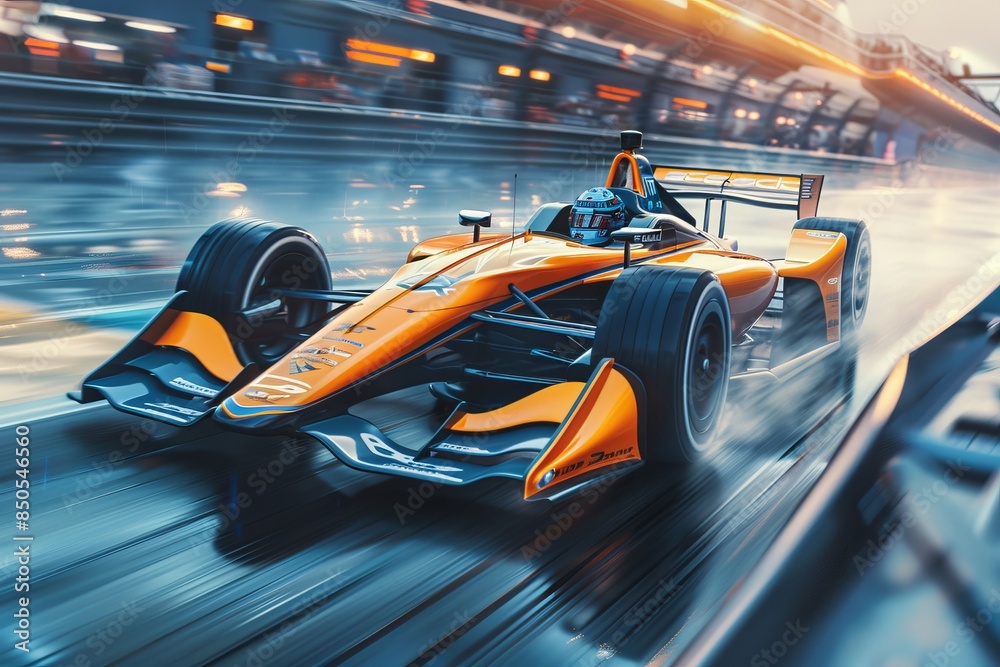 Sleek racing car speeding on a wet track. Vivid colors and dynamic ...