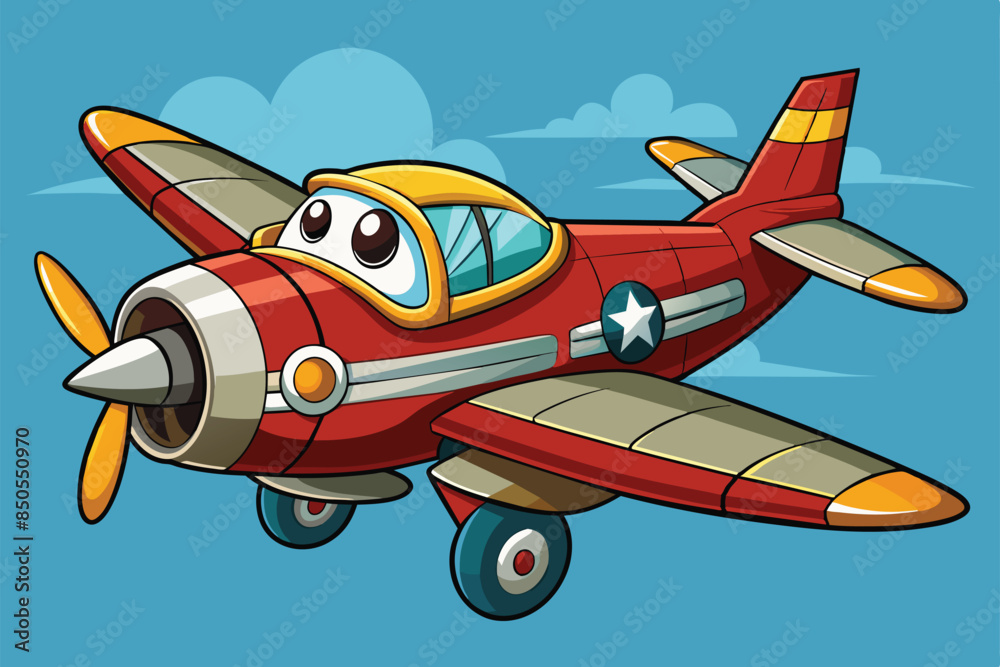 Cartoon illustration of a red airplane with a star on the side flying ...