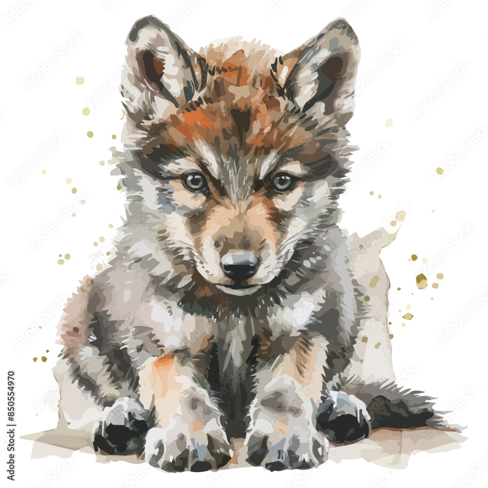 Watercolor drawing clipart of a wolf cub, isolated on a white ...