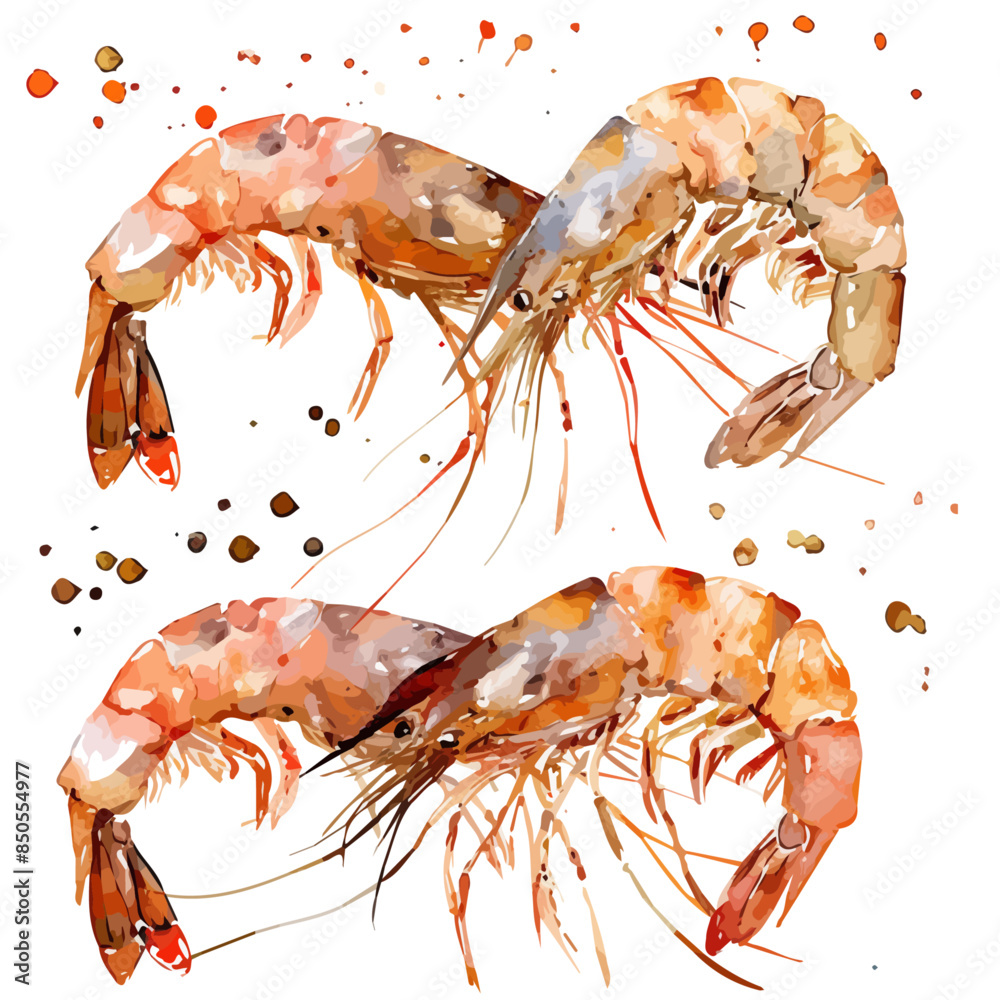 Watercolor vector of shrimp, isolated on a white background, design art ...