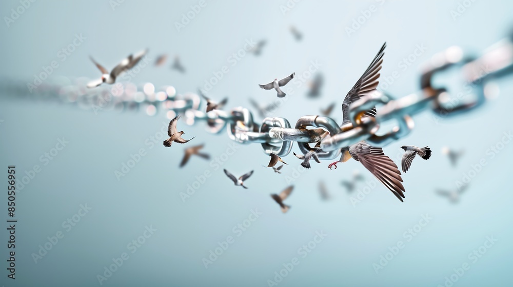 Conceptual artwork of chains metamorphosing into birds soaring in the ...