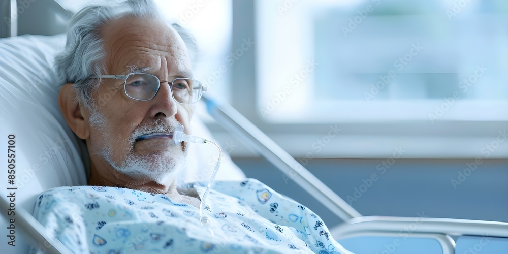 Terminally ill man in hospital bed wears nasal cannula for breathing ...