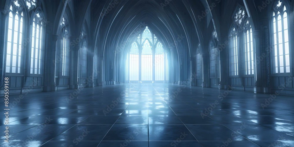 Gothic castle interior with large glass ceiling windows and dark ...