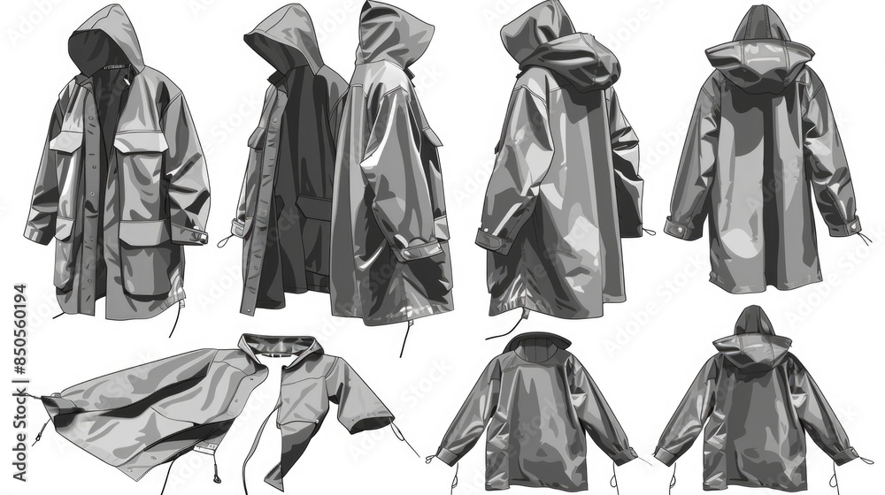 Collection of different raincoat designs and styles Stock Illustration ...