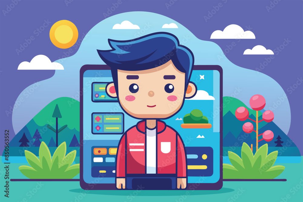 Cartoon illustration of a smiling boy in front of a customizable home ...