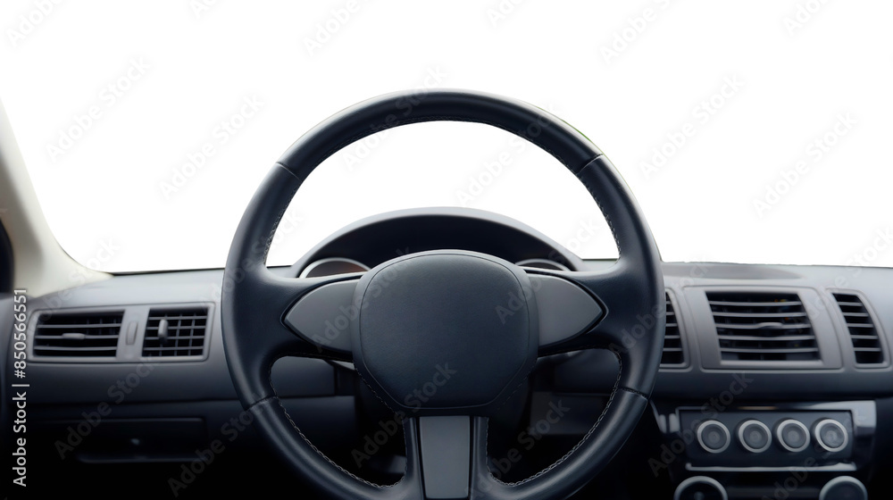 Black car dashboard cockpit with steering wheel isolated on transparent ...