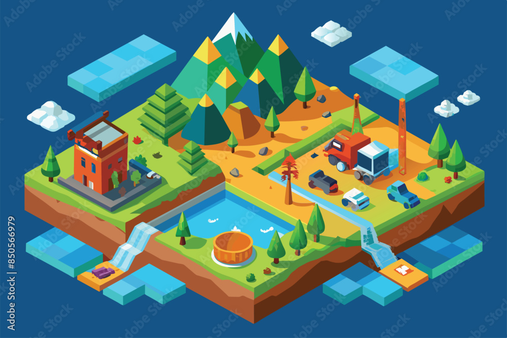 Isometric illustration depicting natural resource depletion and ...
