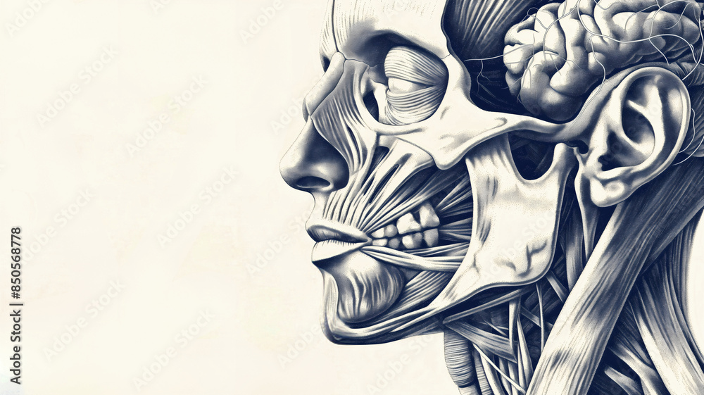 Human skeleton face anatomy with brain, teeth, jaw and nerves. Copy ...