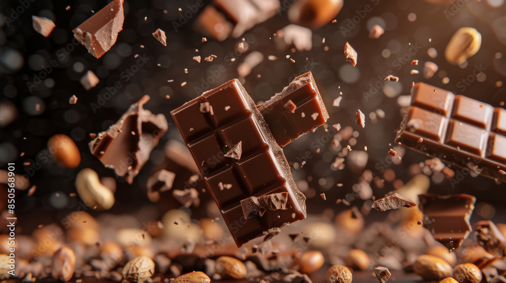 Chocolate bar wafer with chocolate flakes, falling and isolated on a ...