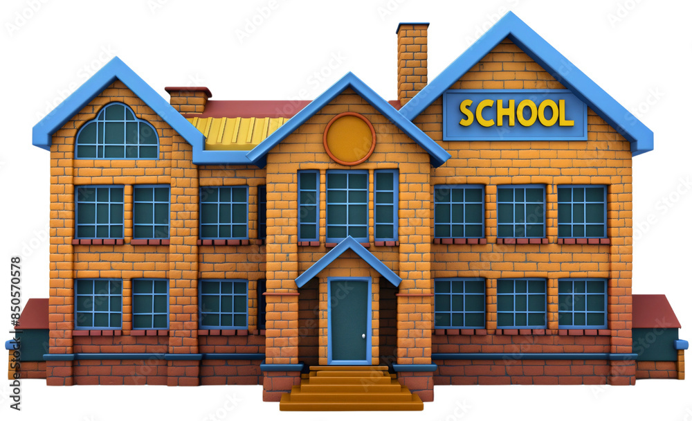 Front exterior view of public school building isolated on transparent ...