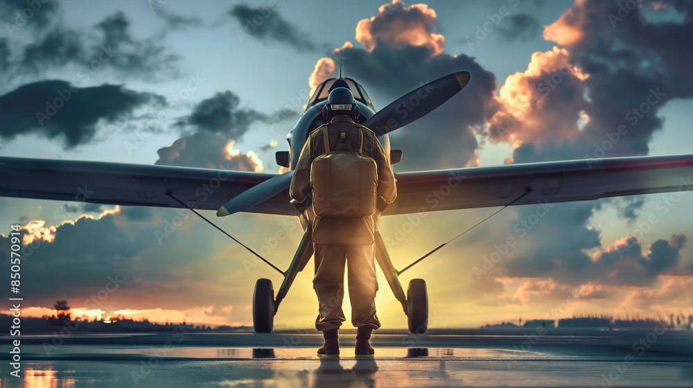 Rear back view of aviator pilot man standing in front of a vintage ...