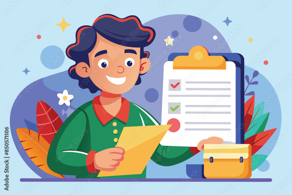 Man happily reviews customizable recommendation letter template cartoon ...