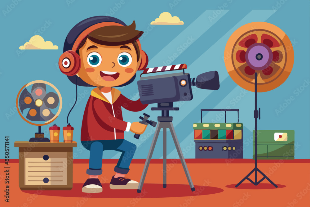 Cartoon illustration of a boy recording a movie, Recording a movie ...