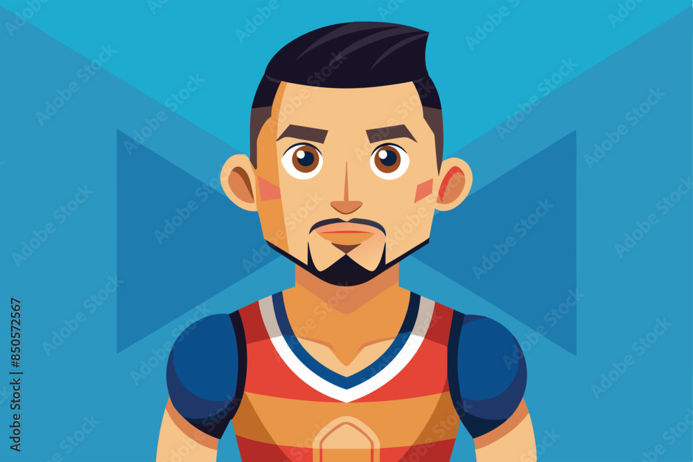 Cartoon illustration of a male player in a red and blue jersey with a ...