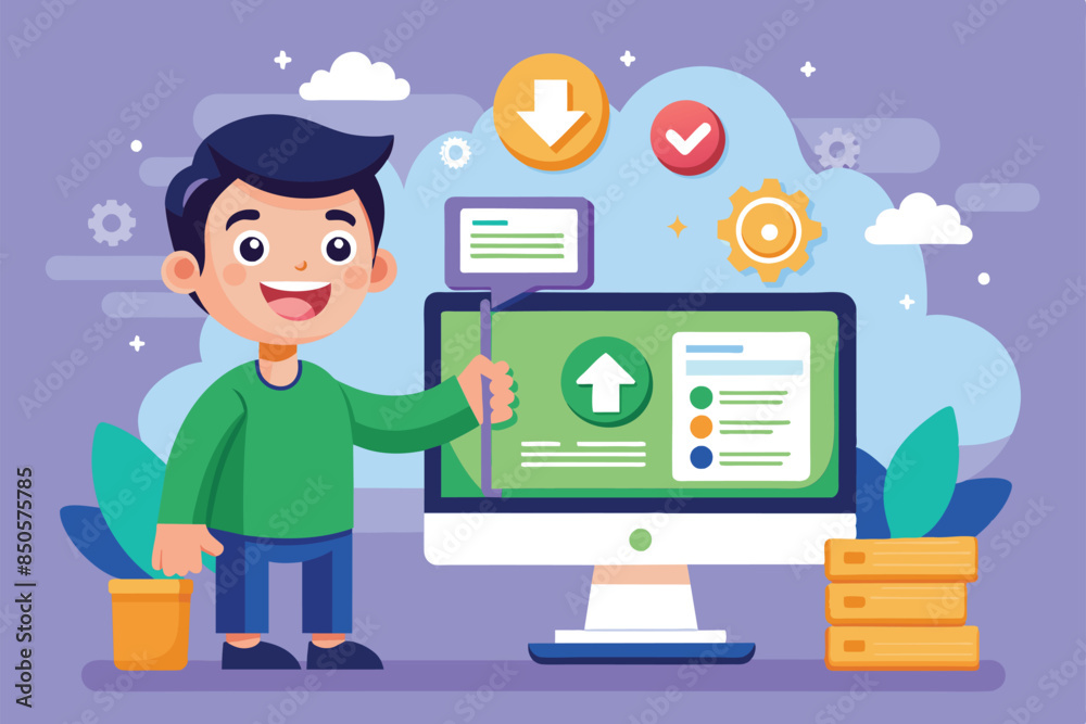A cartoon illustration of a happy boy uploading data to a cloud server ...