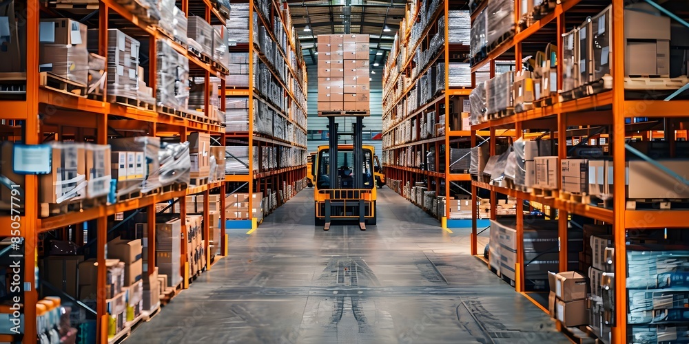Busy warehouse with shelves goods cartons pallets forklifts logistics ...