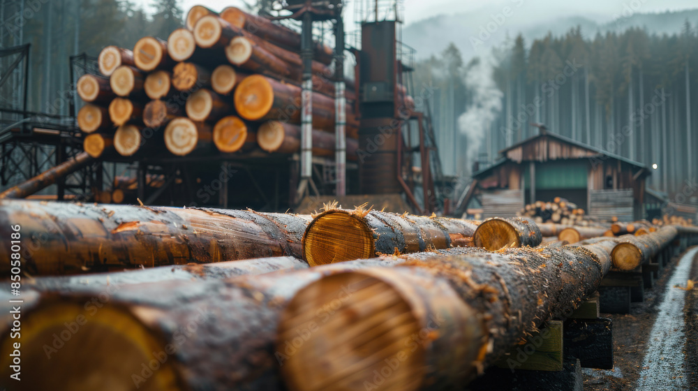 Large-Scale Sawmill with Logs Being Processed. A large-scale sawmill ...