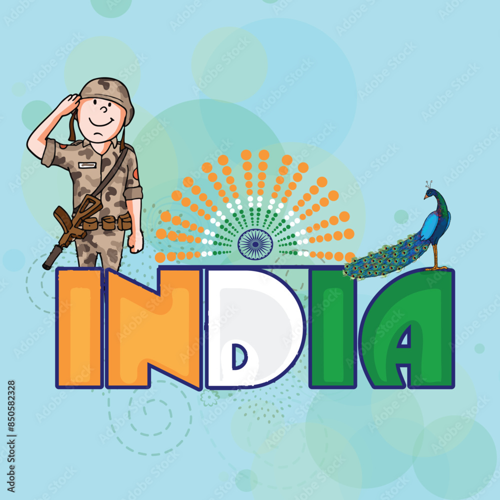 India Independence Day Greeting Card with Tricolor Text, National Bird ...