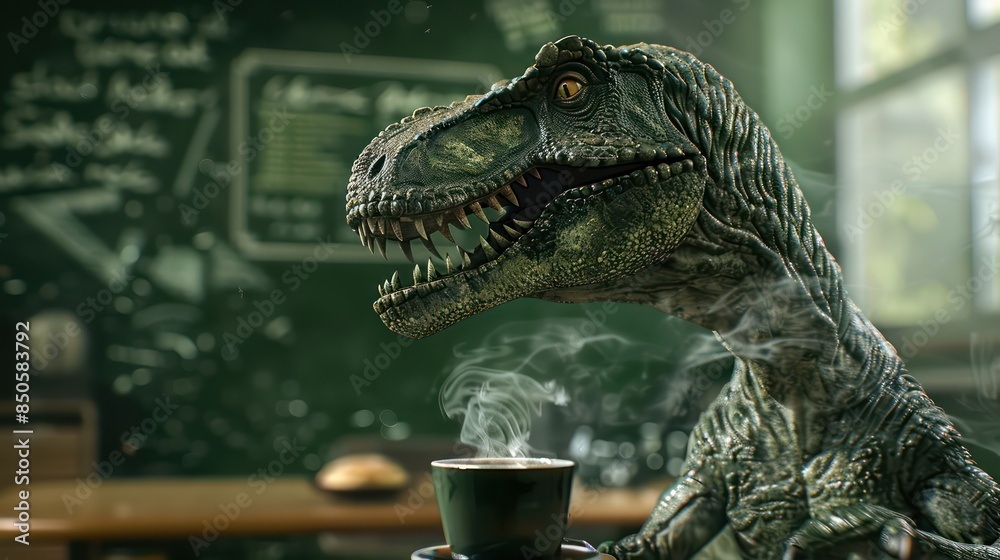 Tyrannosaurus-teacher of school or university with coffee. Angry ...